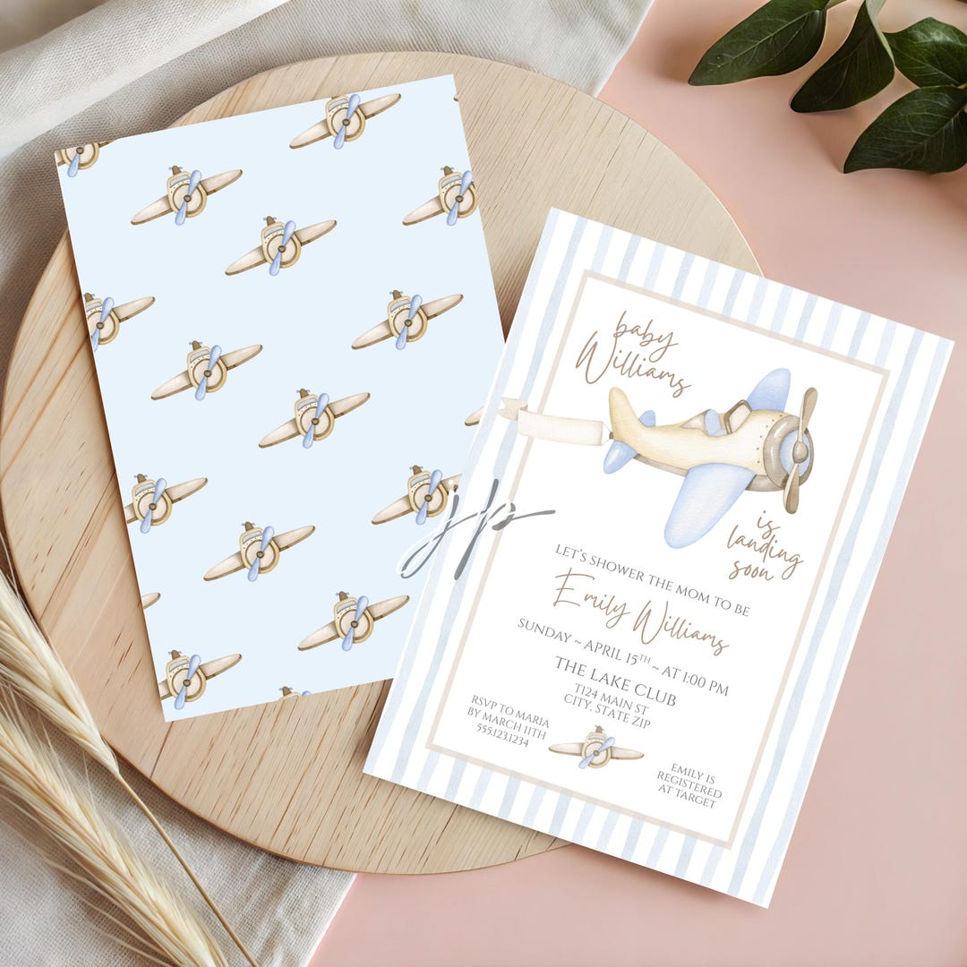 Landing Soon Airplane Baby Shower Invite Editable Boys Vintage Blue ...