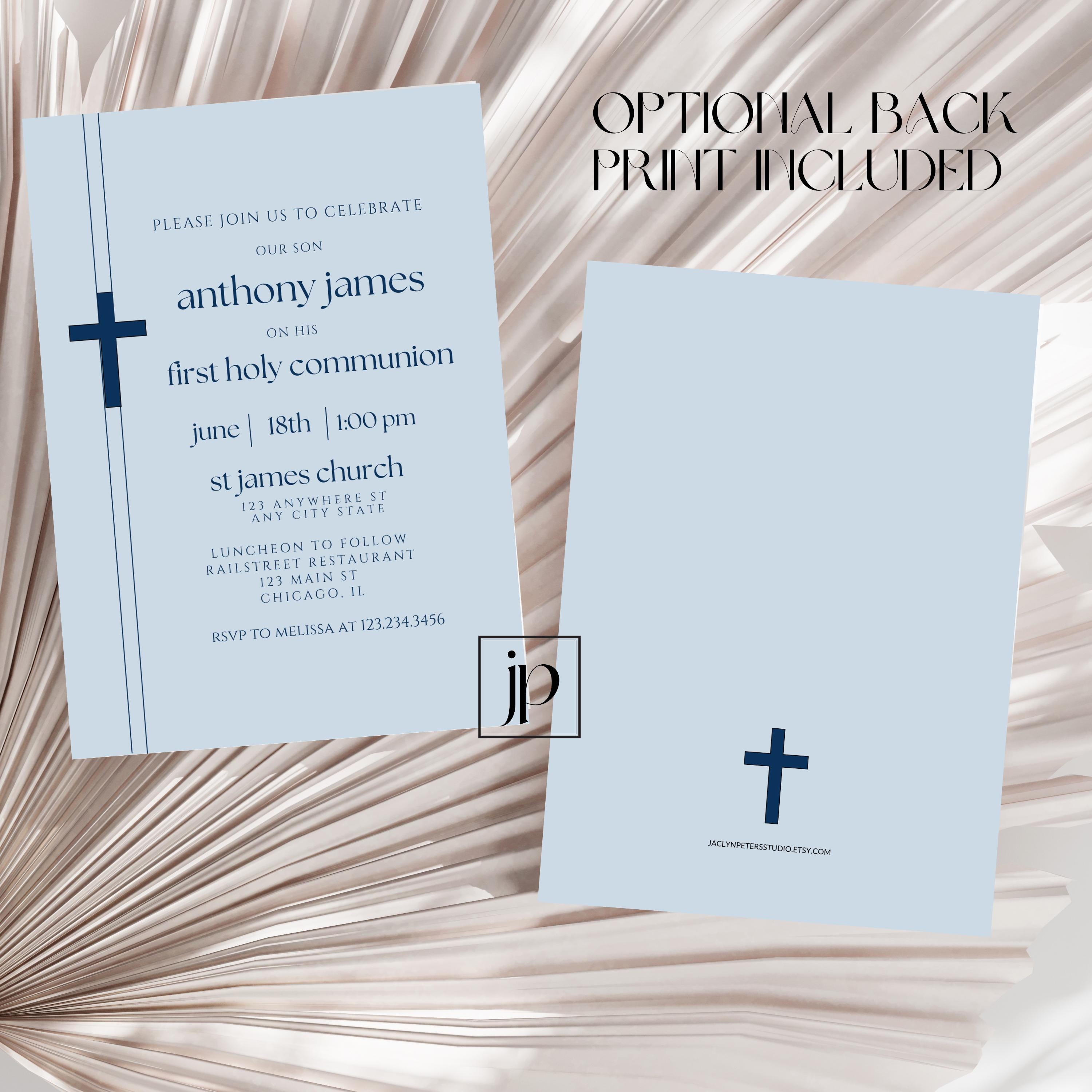 Modern Boys 1st Communion Invitation Editable Dusty Blue With Navy ...