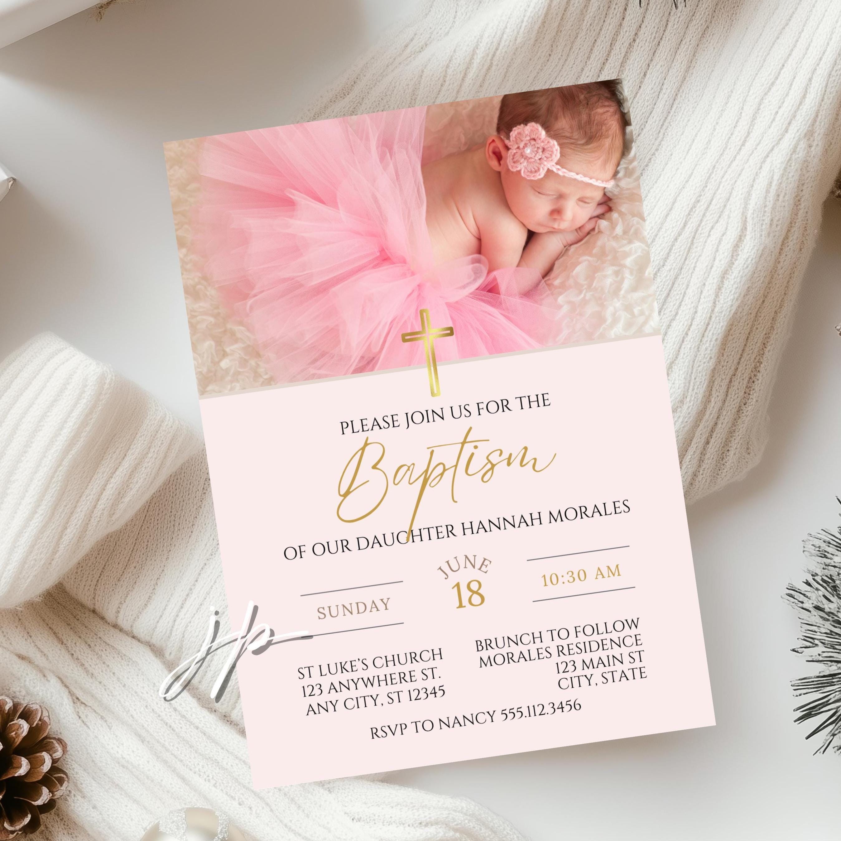 Girls Baptism Photo Invitation Template Editable Baby Christening ...
