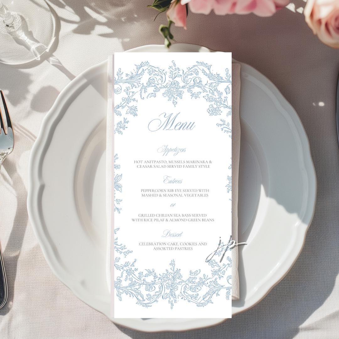 Dusty Blue Toile Shower Menu Card Editable Chinoiserie Wedding Dinner ...