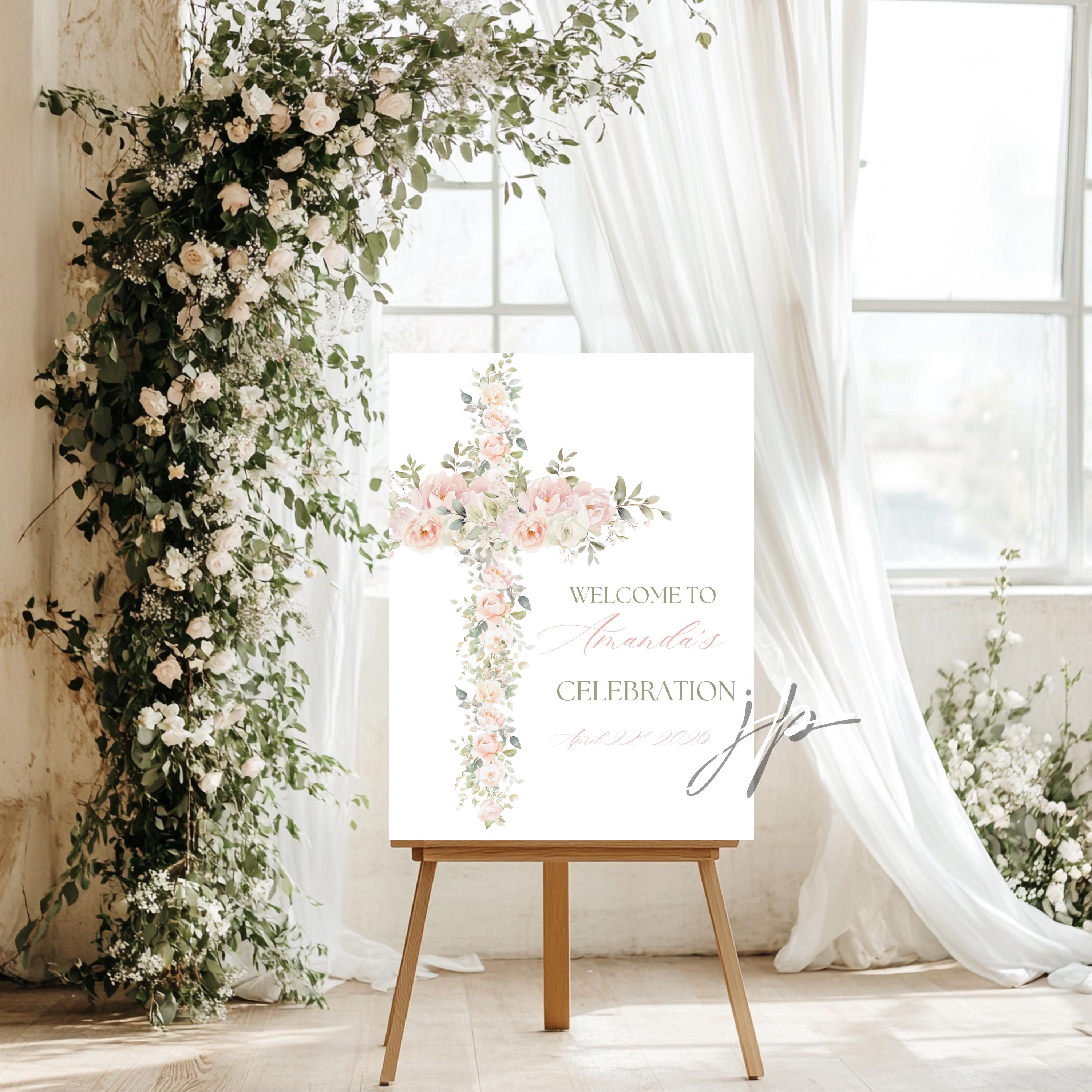 Pink Floral Cross Baptism Welcome Sign Editable Girl 1st Communion ...