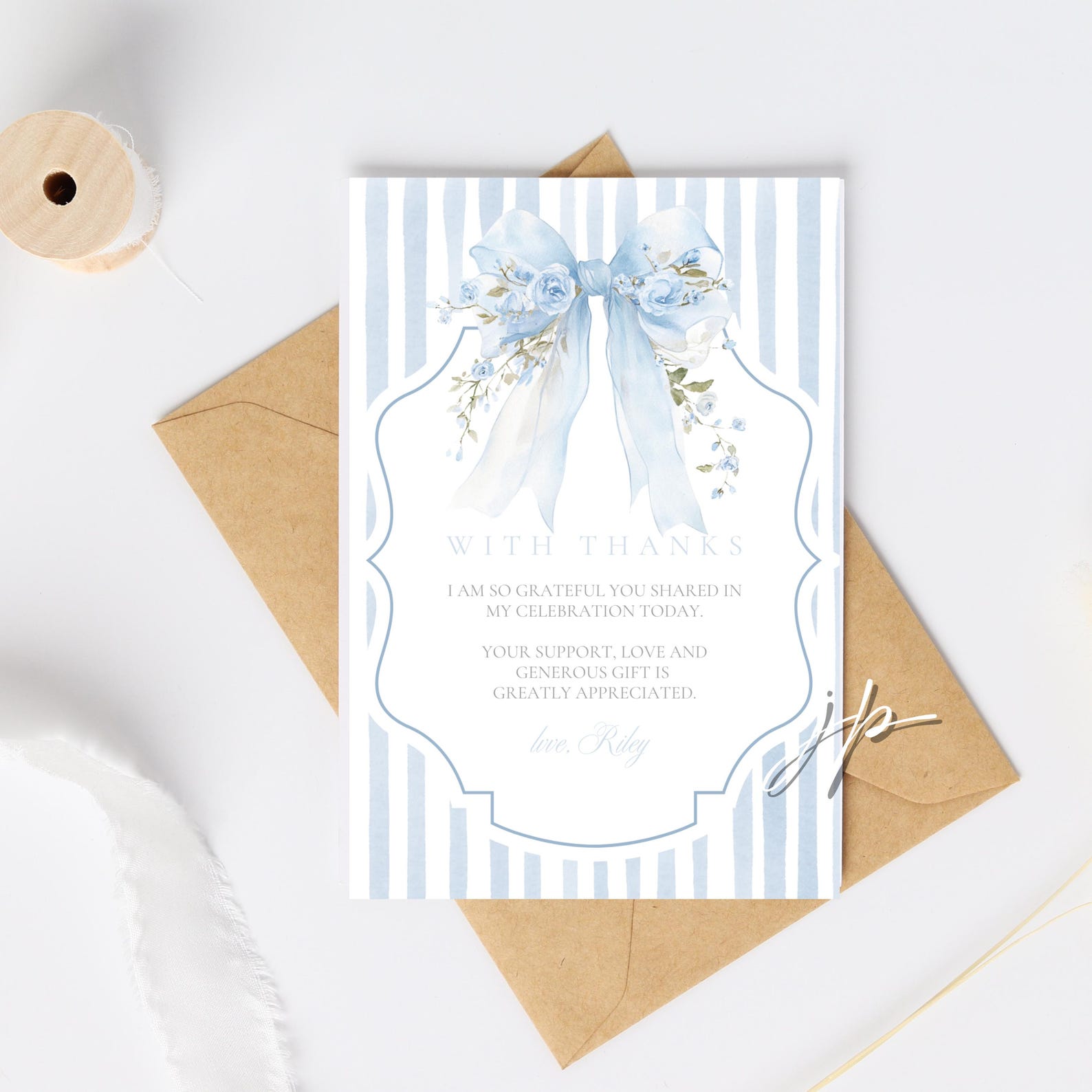 Blue Vintage Stripe Thank You Card Baby Boy Shower Gift Message ...