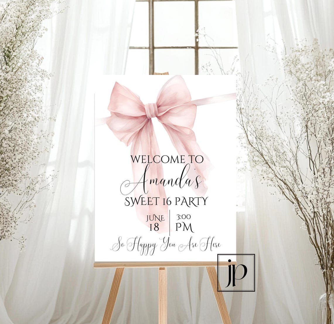 Pink Bow Sweet Sixteen Welcome Sign Editable Template for Canva ...