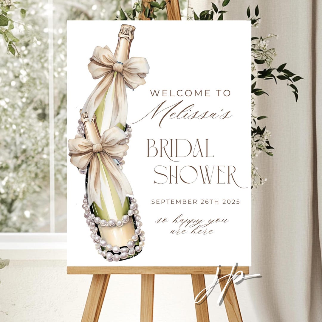 Beige Bows Bridal Shower Welcome Sign Editable Pearls & Prosecco Bridal ...