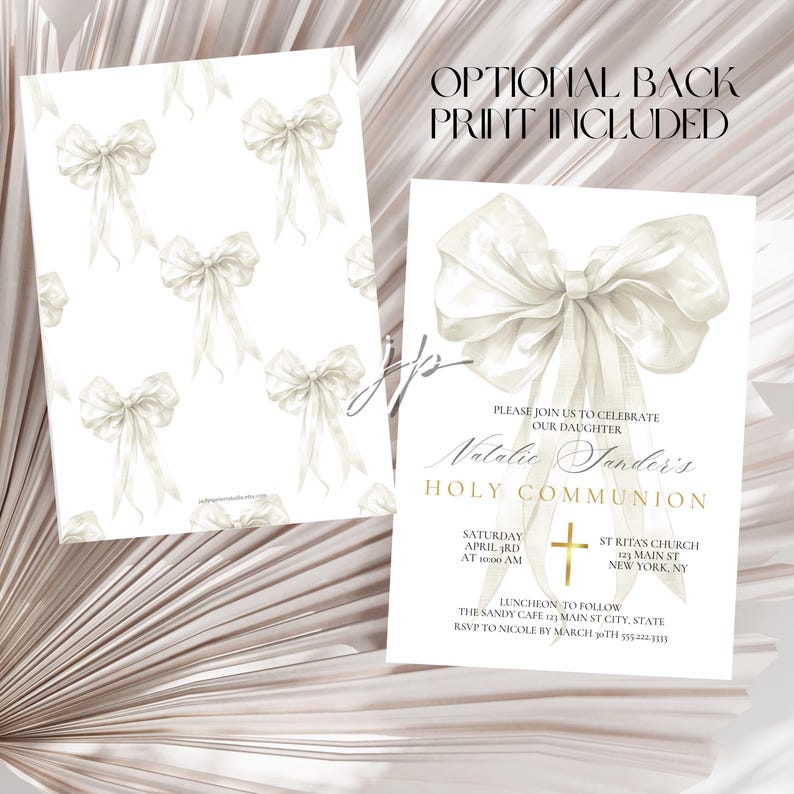 White Bow First Holy Communion Invitation Template Coquette 1st ...
