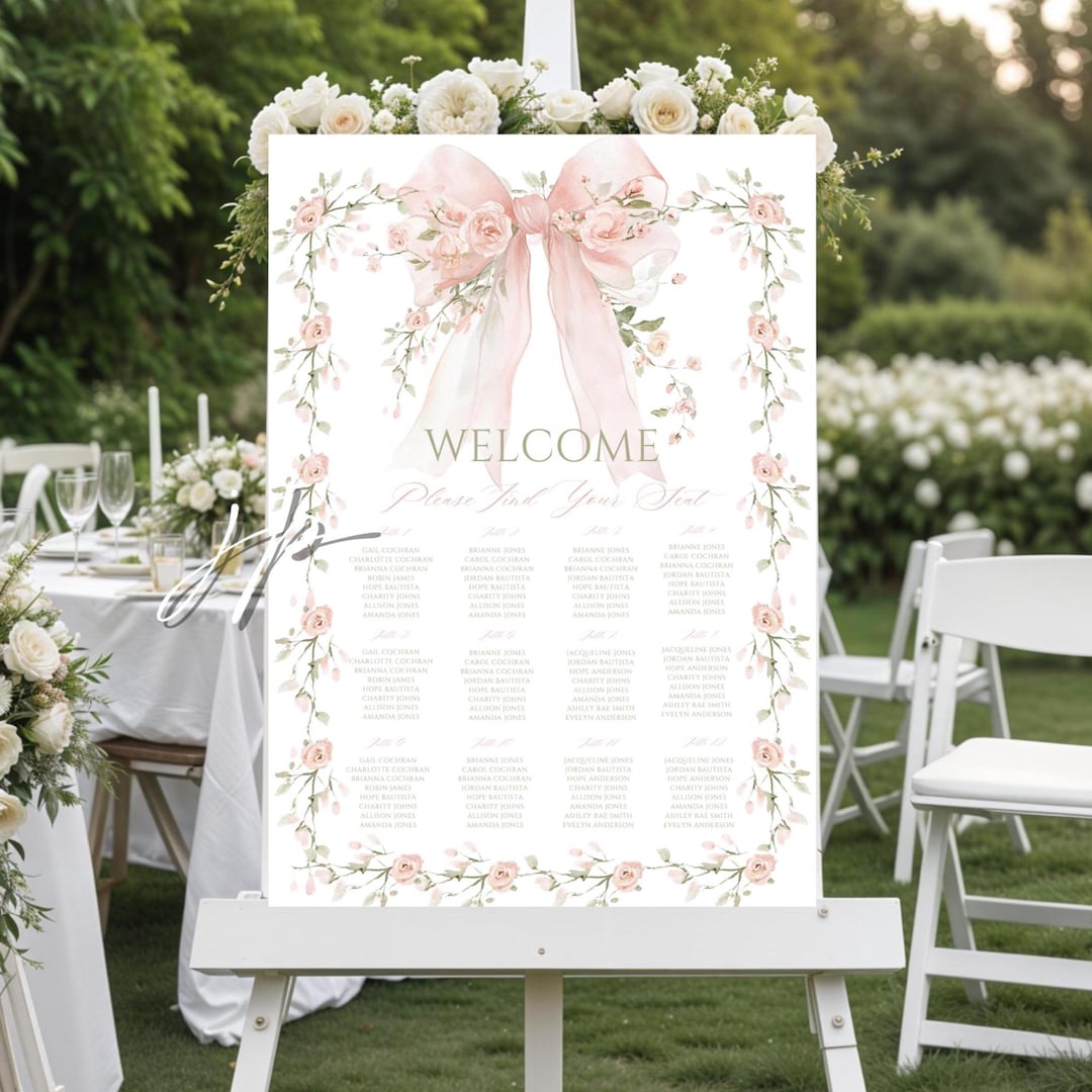 Pink Floral Bow Seating Sign Vintage Roses Baby Shower Guest Table ...