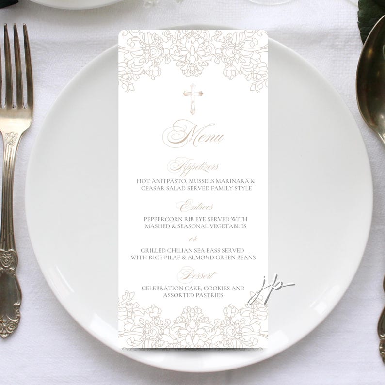 Vintage Chinoiserie Cross Menu Card Editable Beige Floral Baptism ...