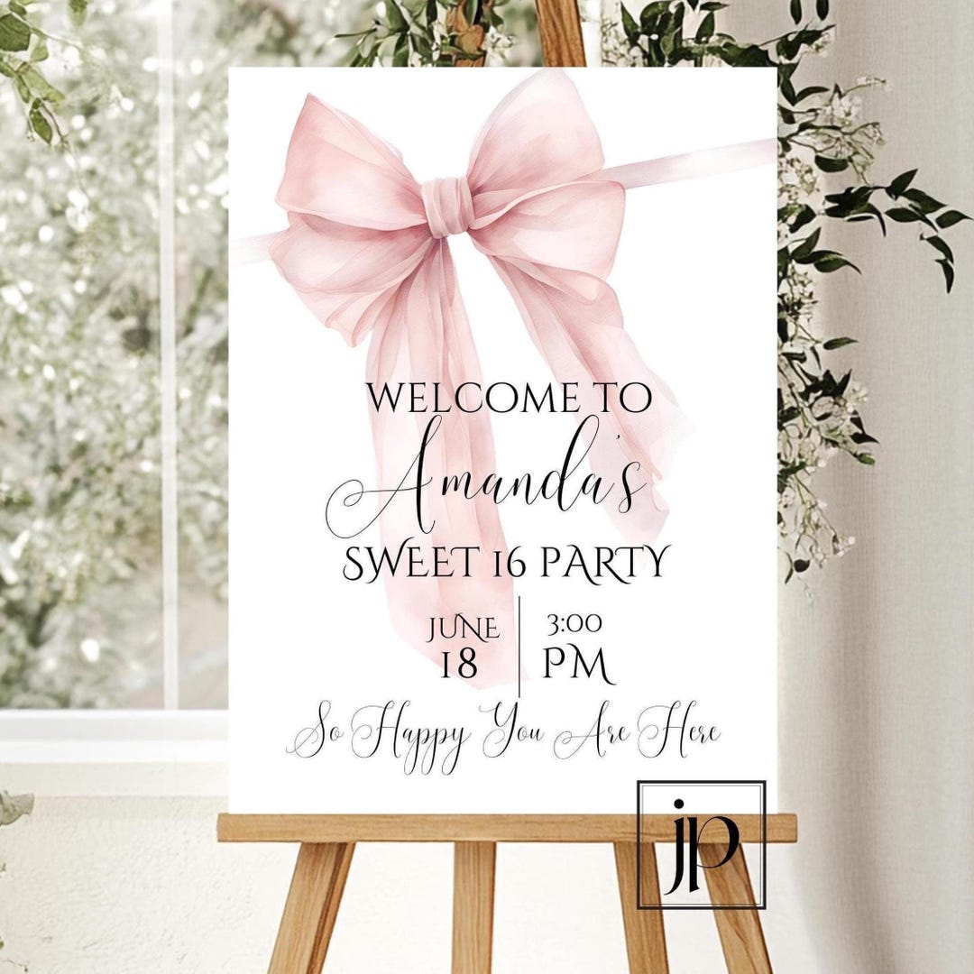 Pink Bow Sweet Sixteen Welcome Sign Editable Template for Canva ...