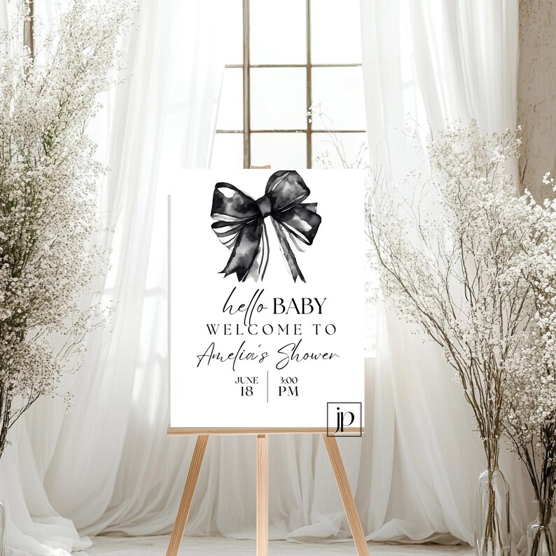 Black Bow Baby Shower Welcome Sign Template Editable Hello Baby ...