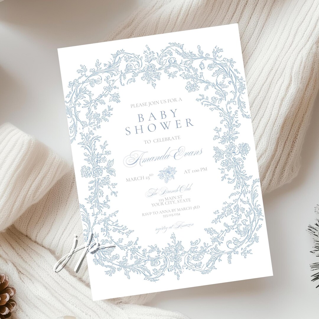 Blue Toile Baby Shower Invitation Editable Boys Chinoiserie Vintage ...
