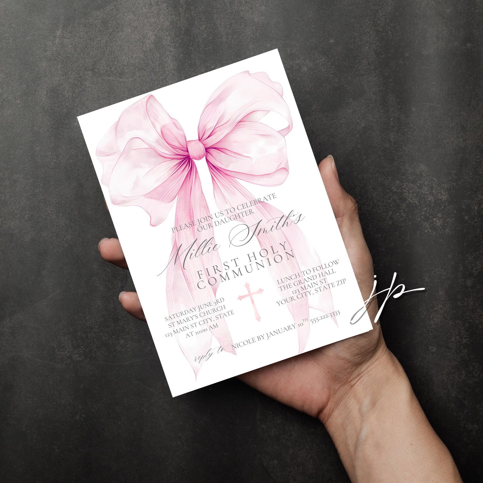 Pink Bow First Holy Communion Invite Editable Girls Coquette 1st ...