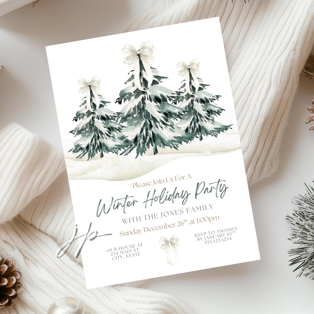 Winter Holiday Party Invitation Editable Watercolor Christmas Trees ...