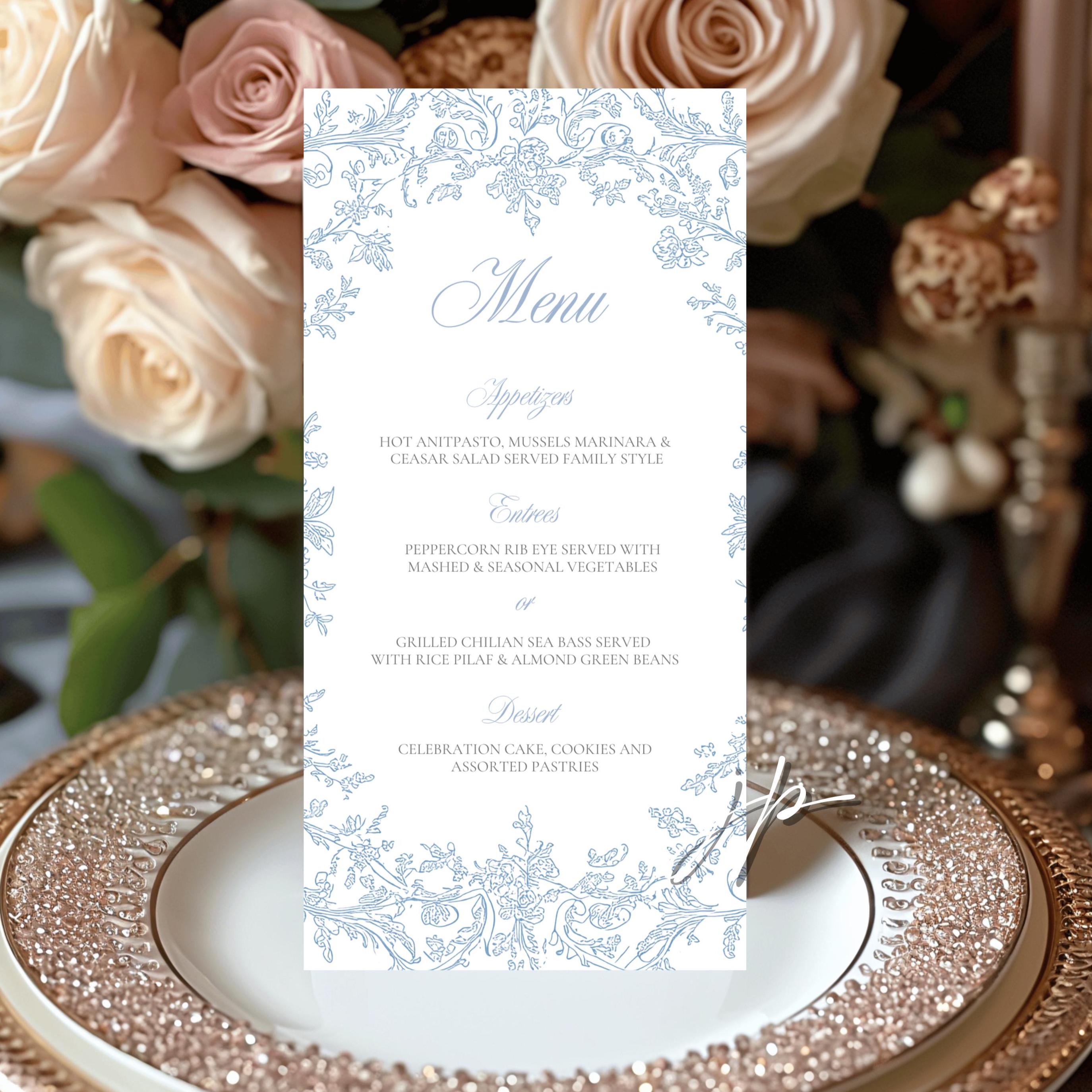 Dusty Blue Toile Shower Menu Card Editable Chinoiserie Wedding Dinner ...