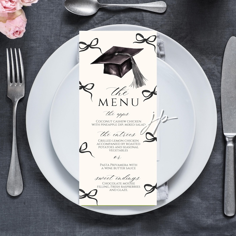 Graduation Party Dinner Menu Card Template Editable Black Bow Grad Cap ...
