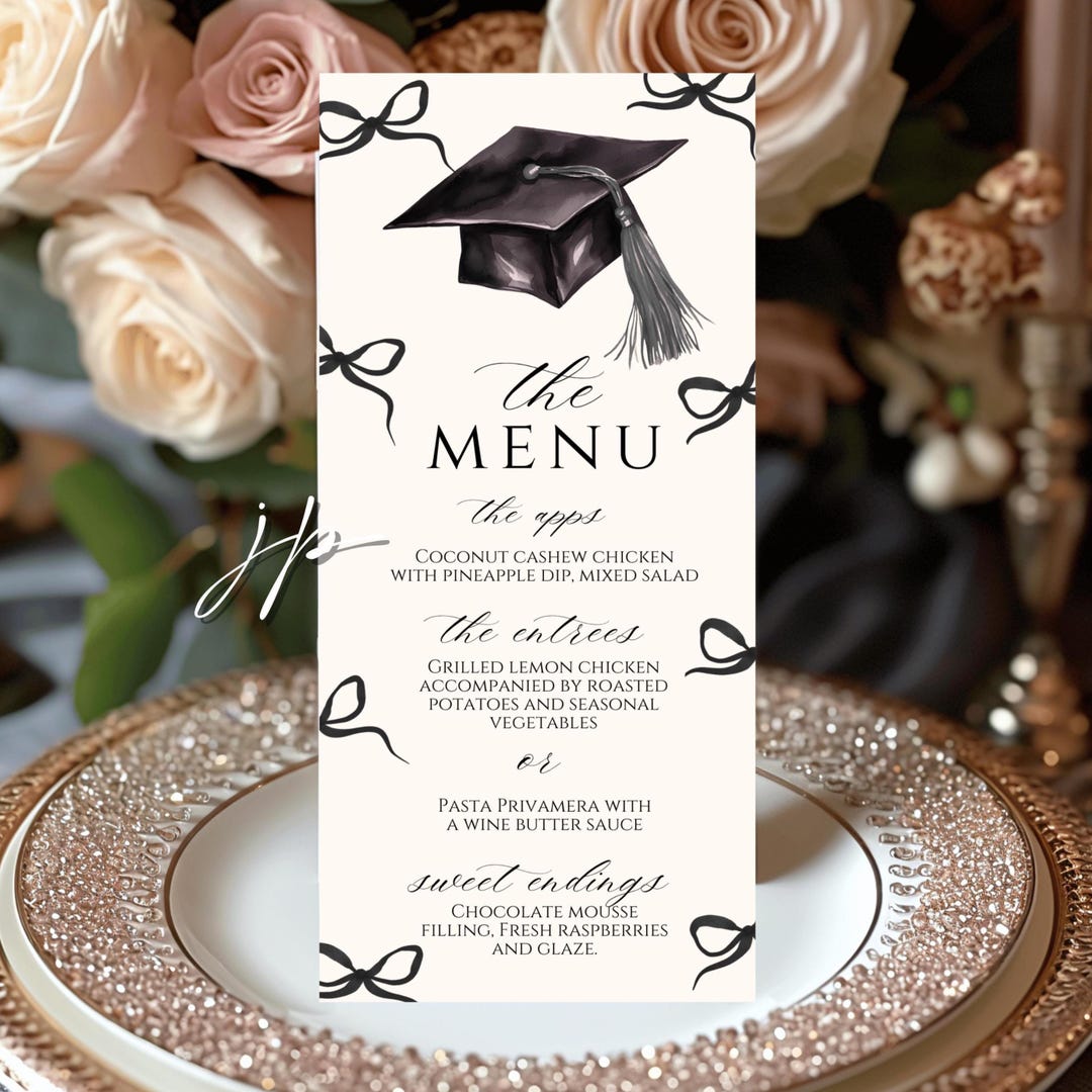 Graduation Party Dinner Menu Card Template Editable Black Bow Grad Cap ...