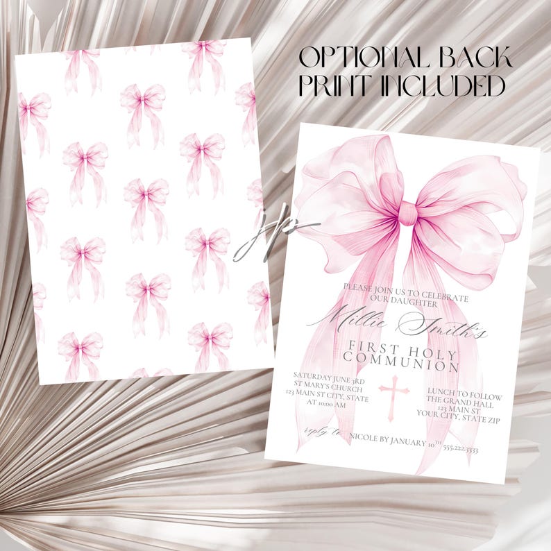 Pink Bow First Holy Communion Invite Editable Girls Coquette 1st ...