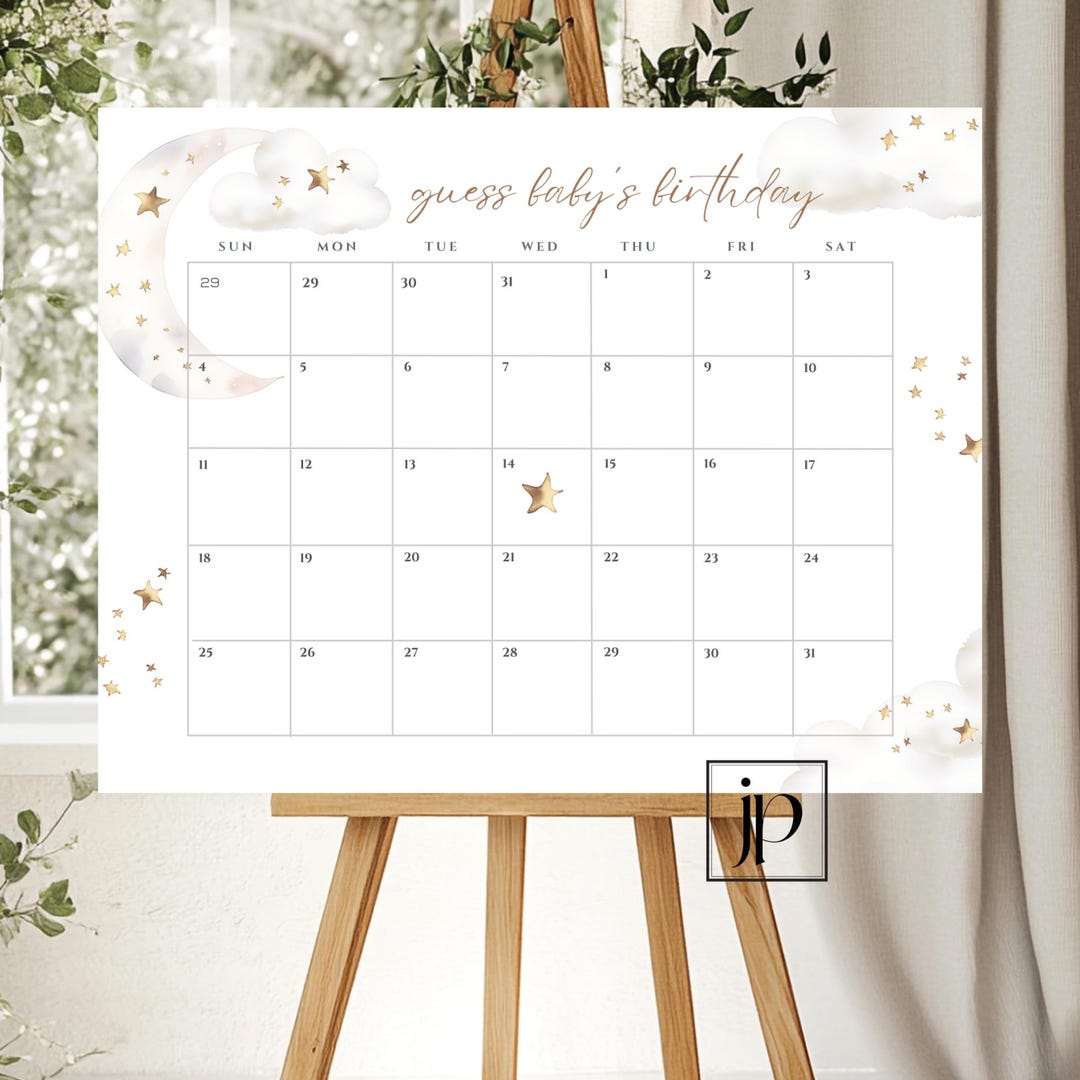 Moon & Stars Baby Shower Due Date Calendar Editable Heaven Sent Baby ...