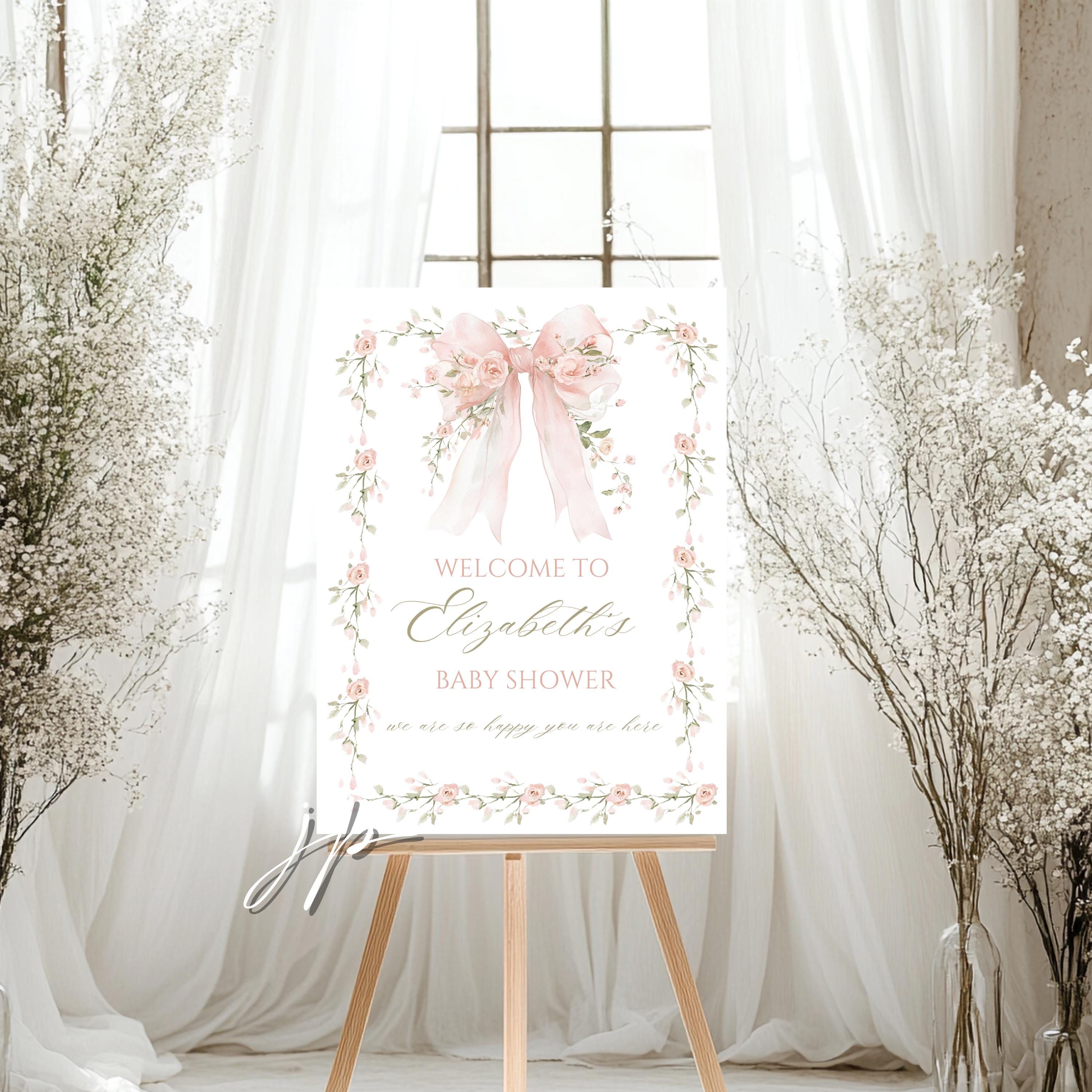 Floral Pink Bow Baby Shower Welcome Sign Template Girls Vintage Roses ...