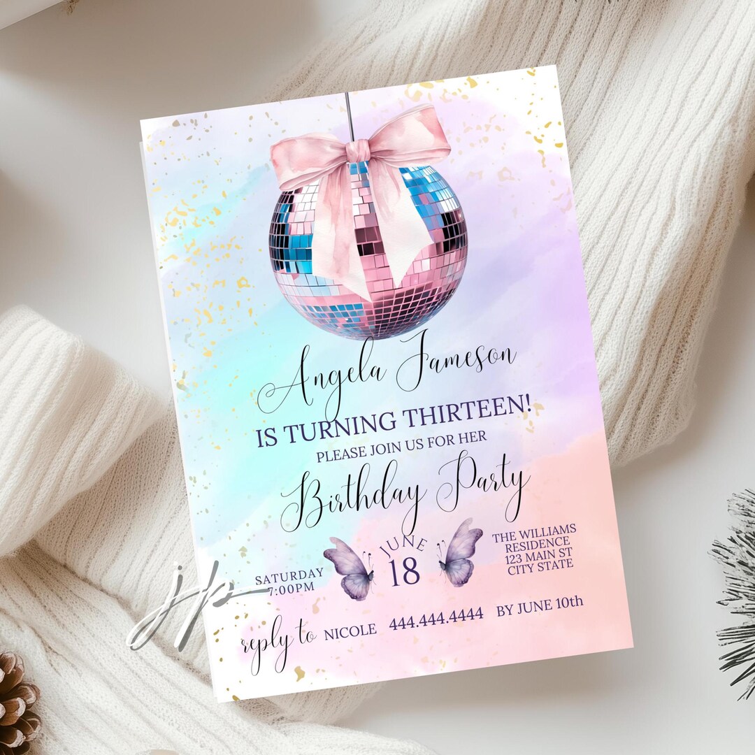 Teen Disco Ball Party Invitation Pink Bow 13th Birthday Invite Editable ...