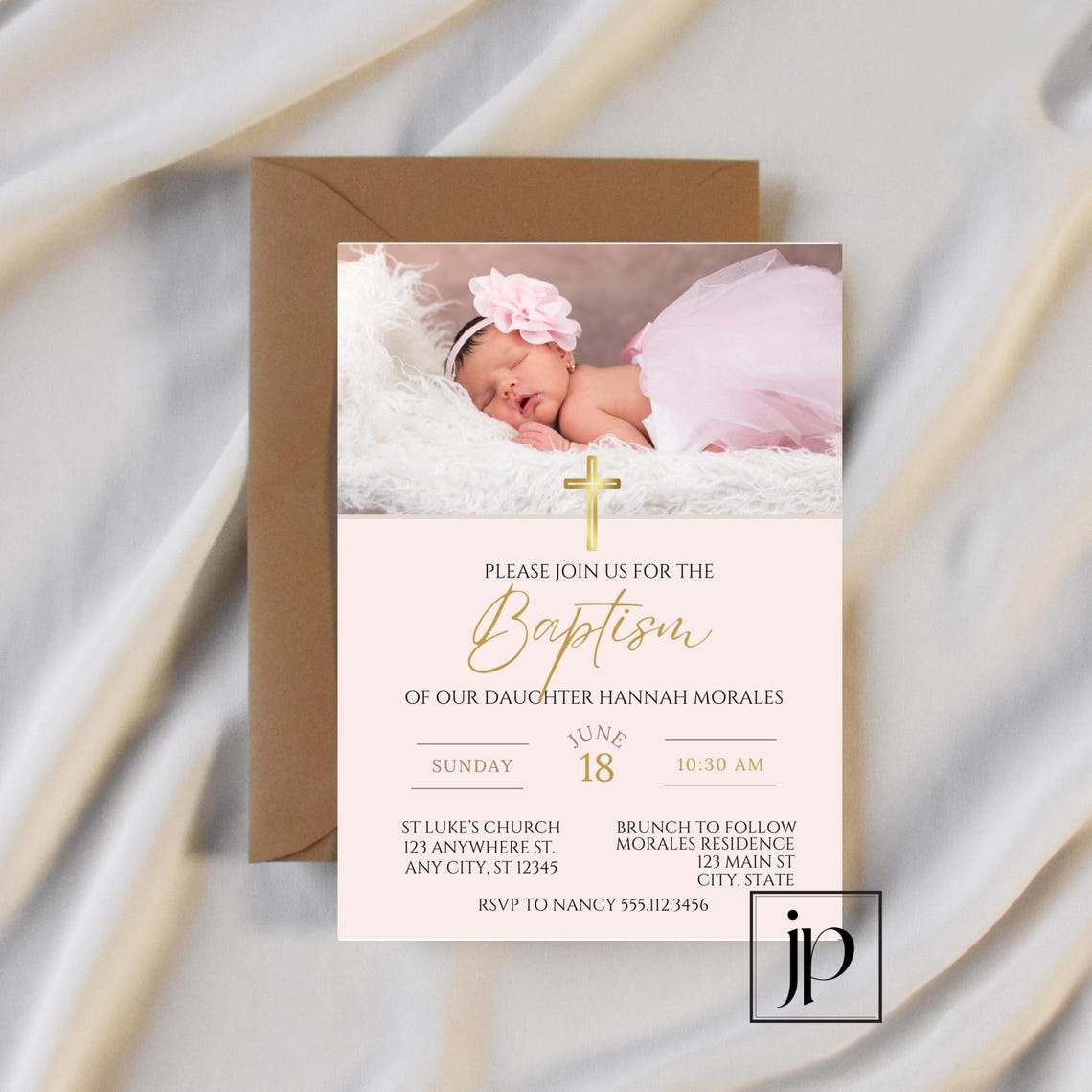 Girls Baptism Photo Invitation Template Editable Baby Christening ...