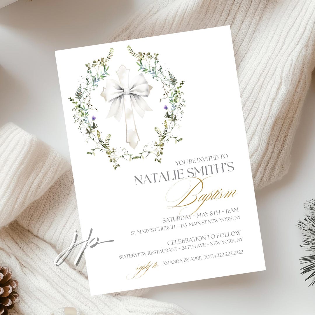 Wildflowers Cross Baptism Invitation Editable White Bow Invite Template ...
