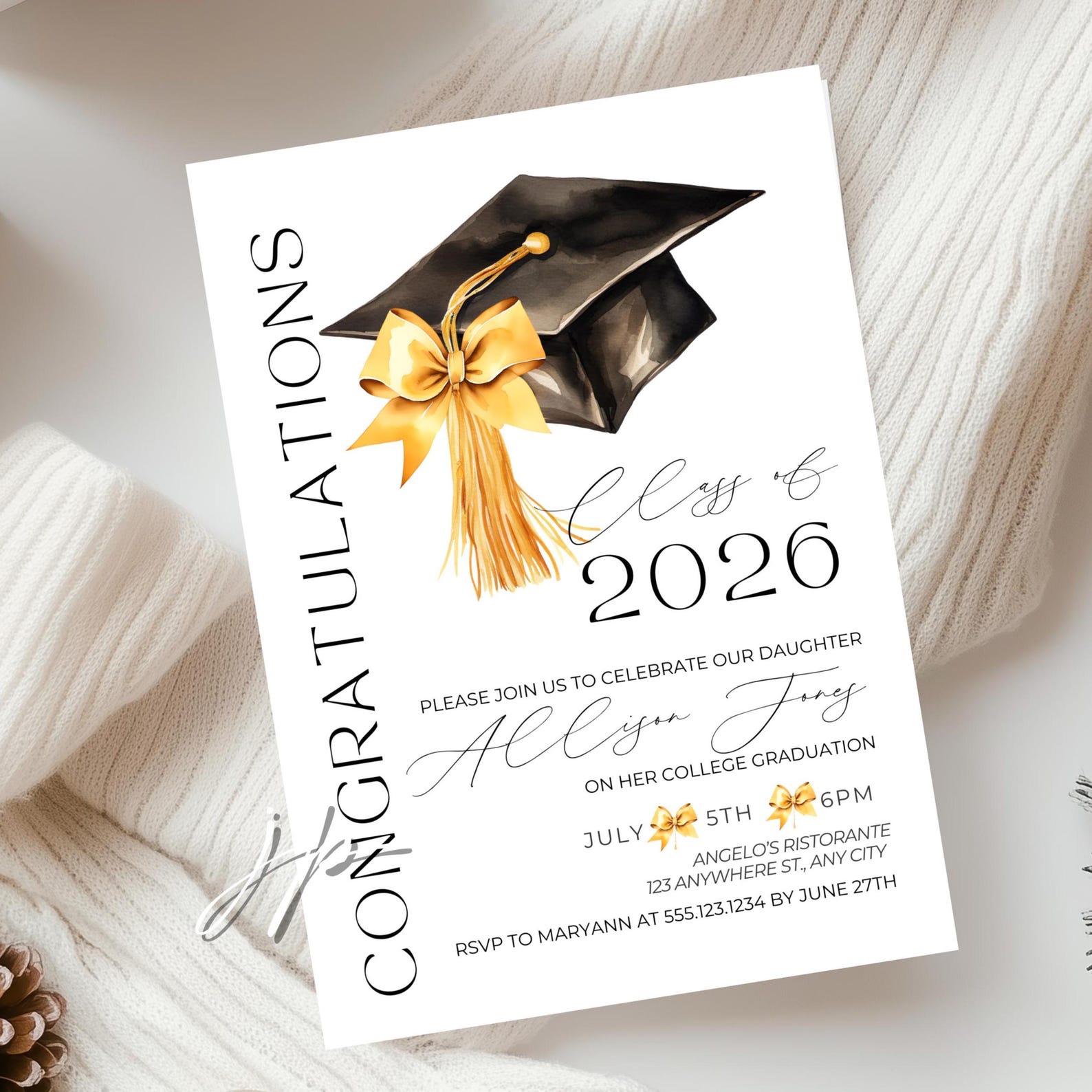 Graduation Cap & Bow Invitation Girl Grad Party Invite Template ...