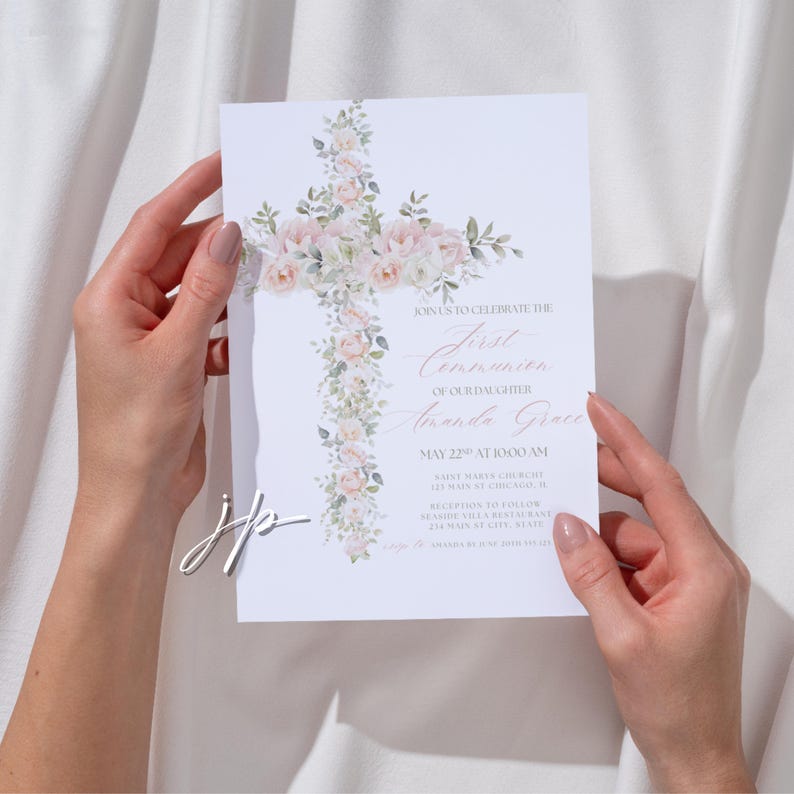 Girls Floral Cross Communion Invite Editable Pink and Sage Flowers ...