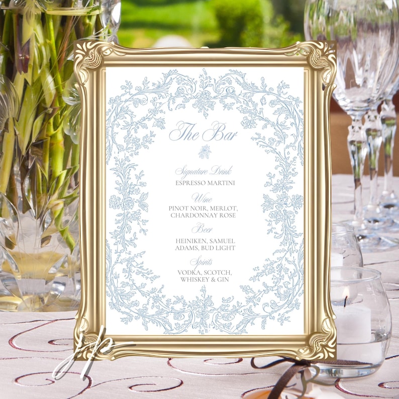Blue Vintage Floral Bar Menu Sign Editable Chinoiserie Bridal Shower ...
