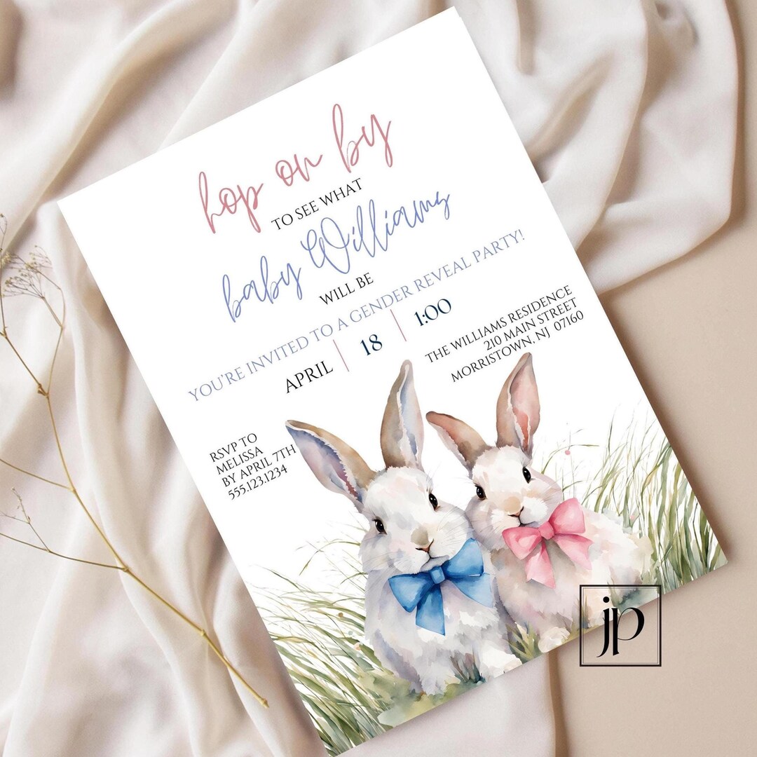 Baby Bunnies Gender Reveal Party Invitation Rabbits With Coquette Bows ...