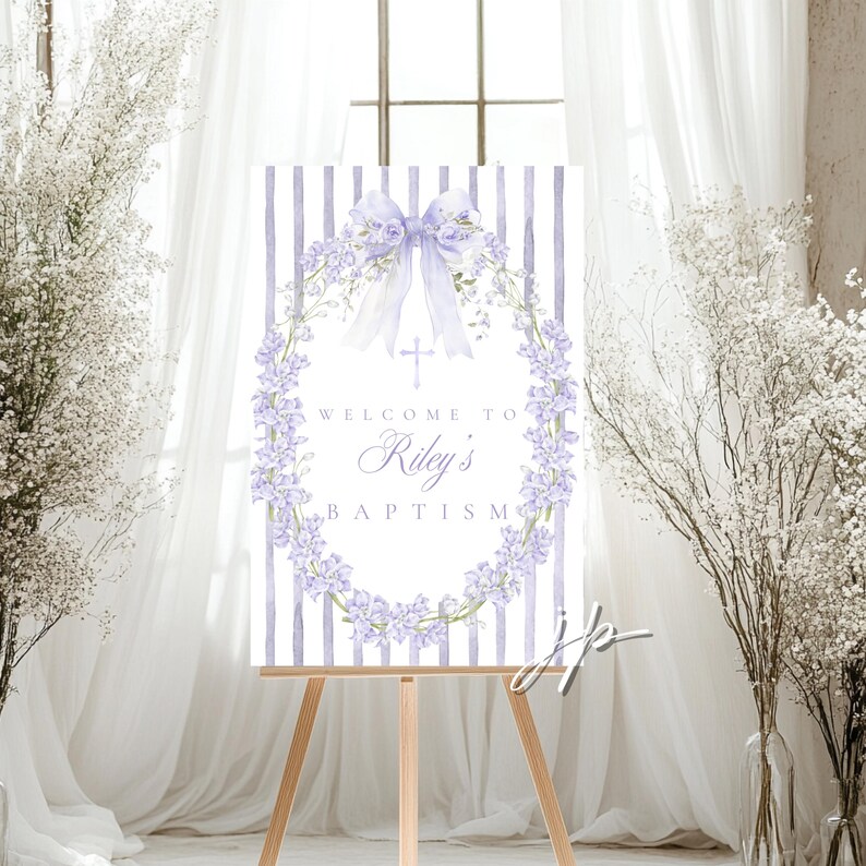 Lavender Floral Baptism Welcome Sign Template Girl Grandmillennial Bow ...