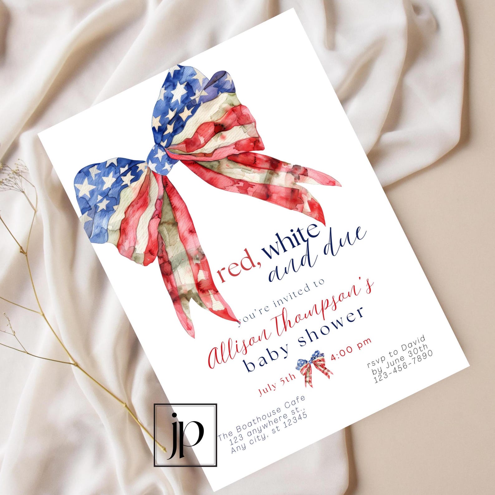 Red, White and Due Baby Shower Invitation July 4th Coquette Bow Invite ...