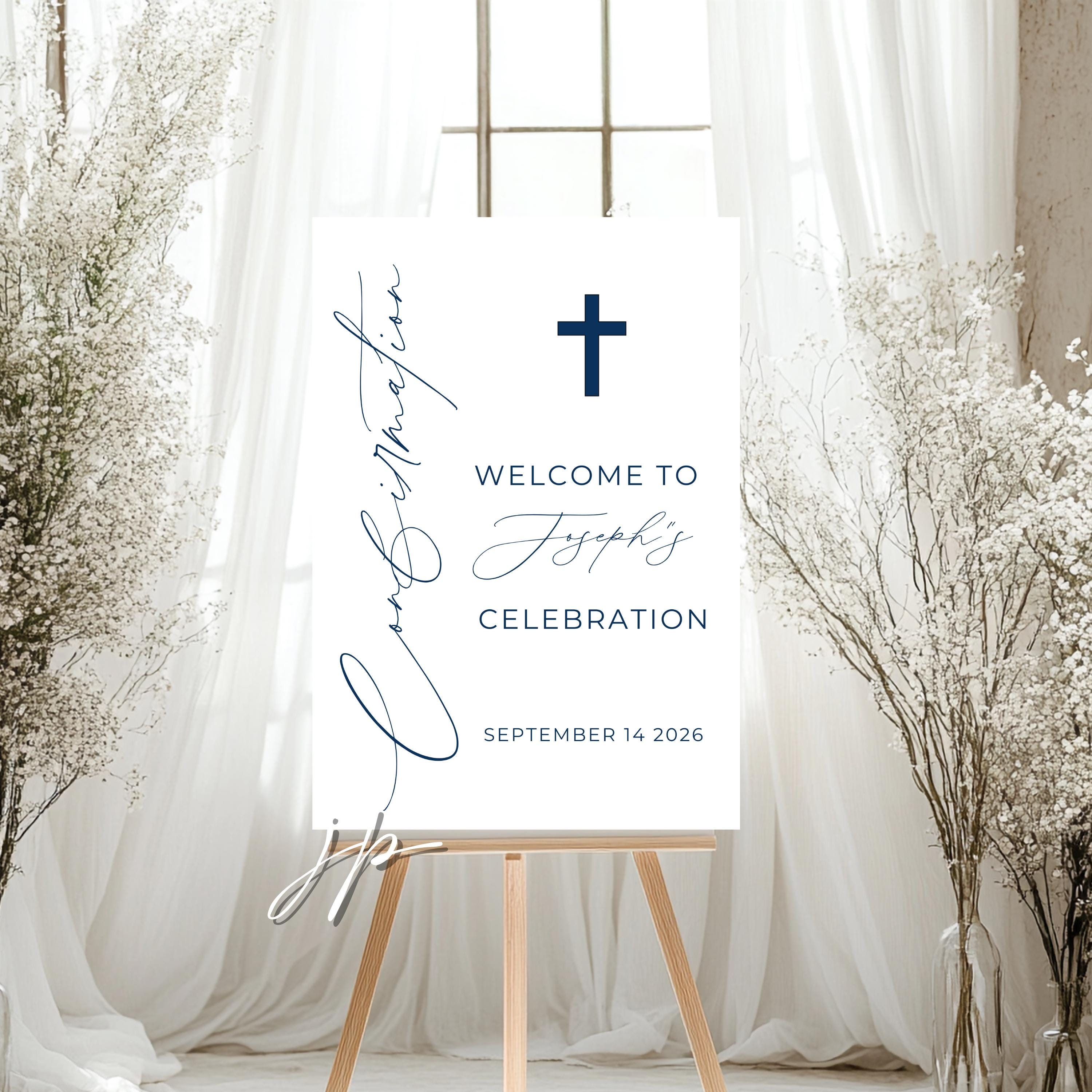 Boys Navy Blue Confirmation Welcome Sign Modern Cross Confirmation ...