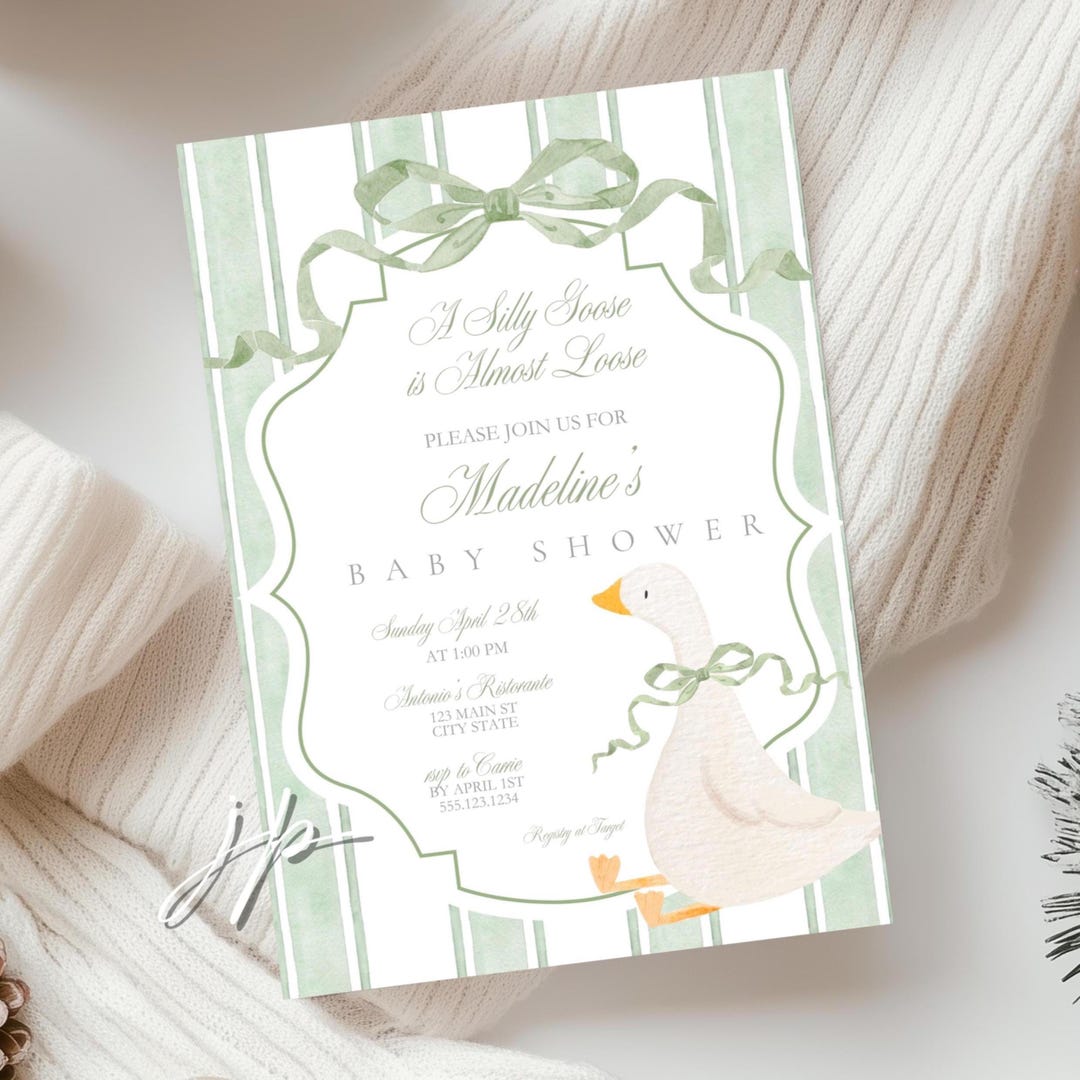 Green Stripe Silly Goose Baby Shower Invite Gender Neutral Nursery ...