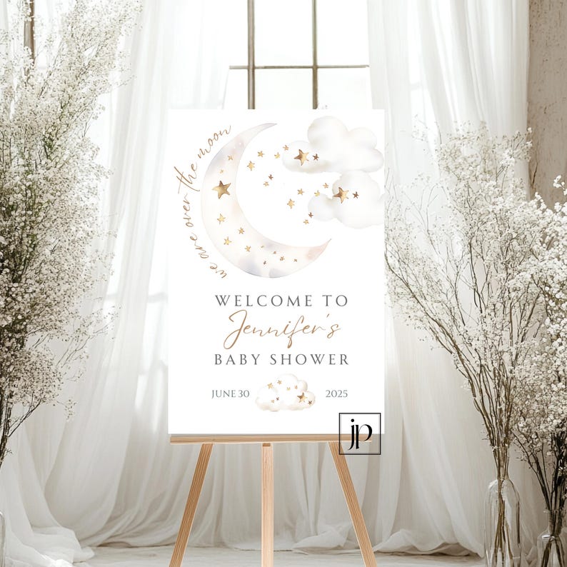 Over the Moon Baby Shower Welcome Sign Celestial Moon, Stars and Clouds ...