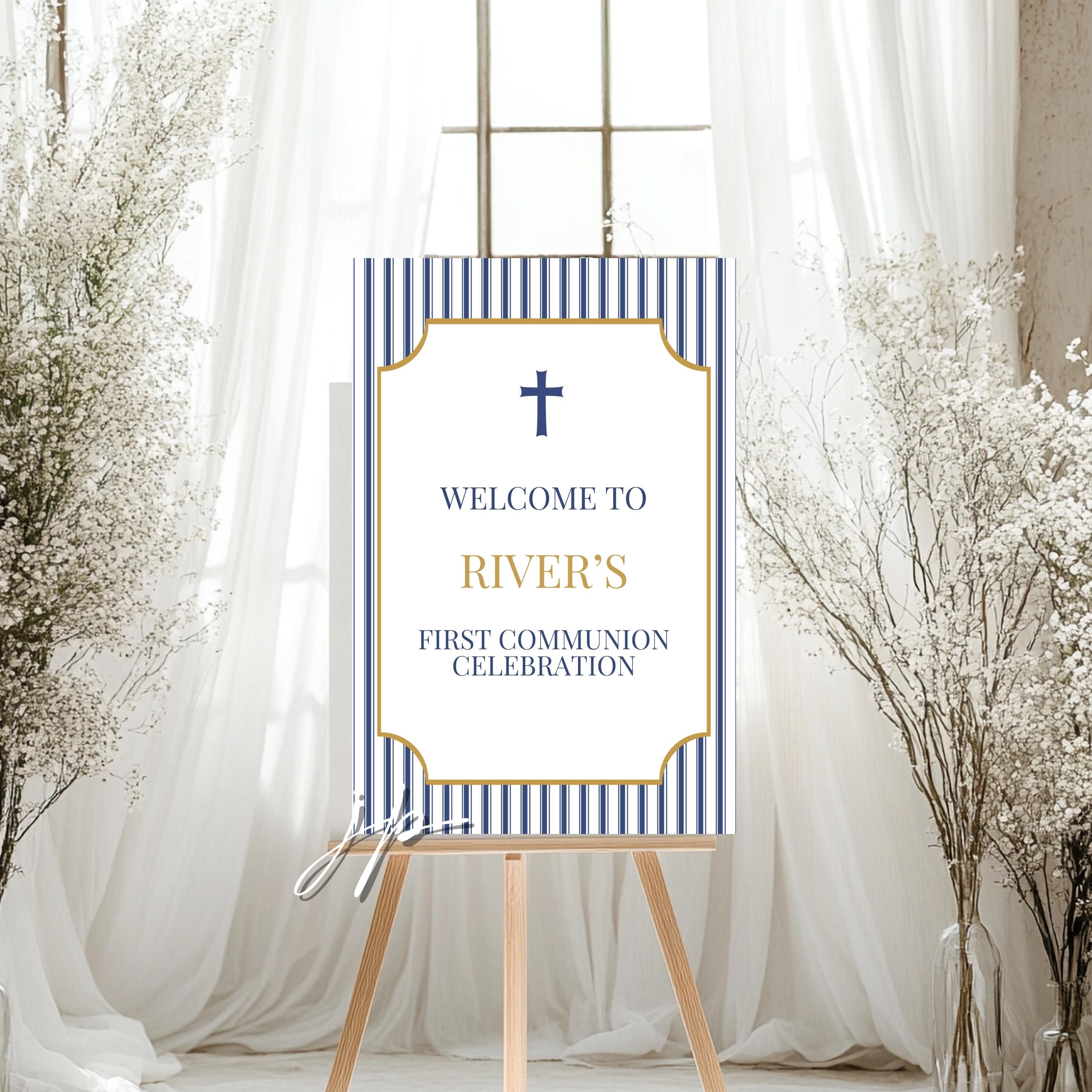 Boy's First Communion Welcome Sign Editable Navy Blue Stripe Holy ...