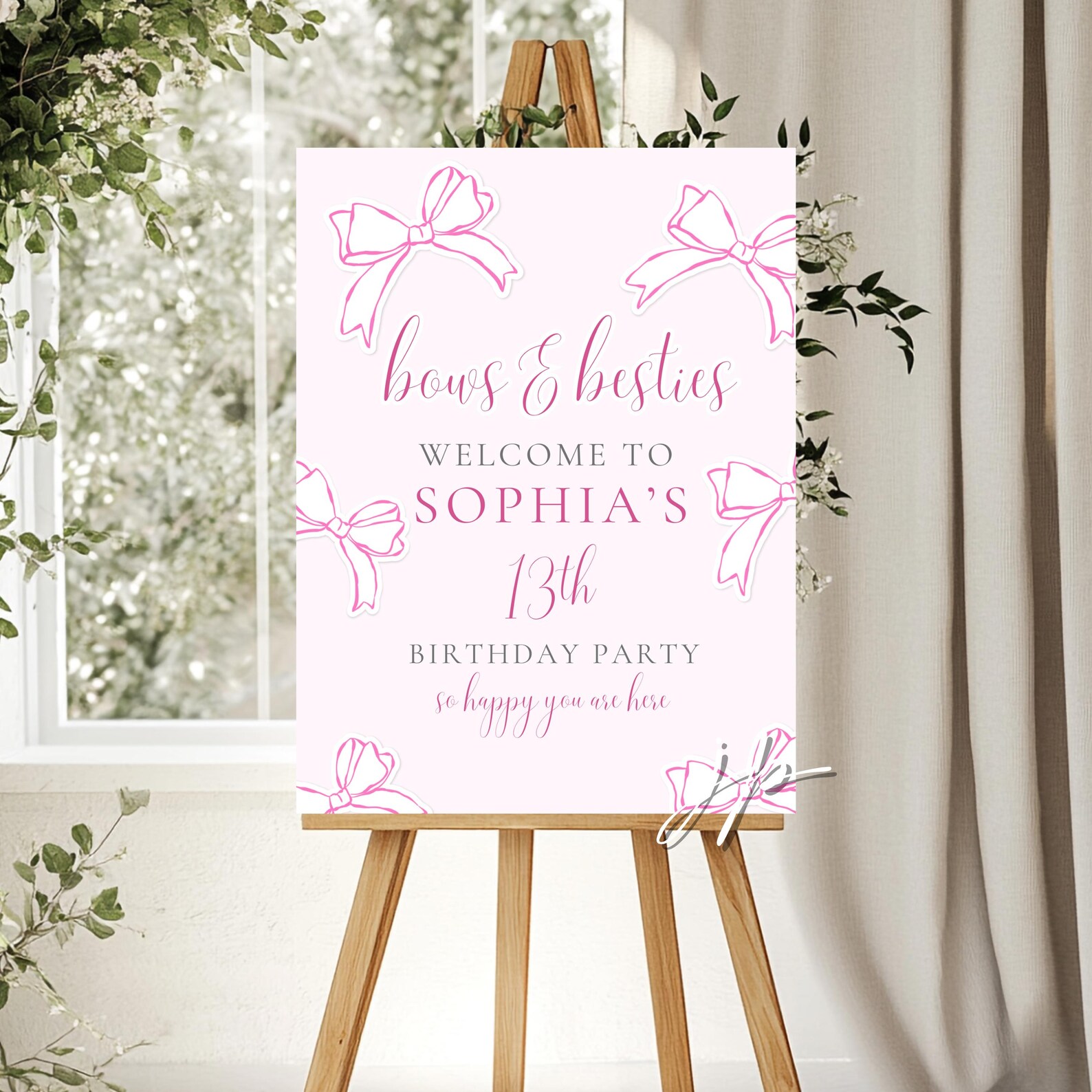Girls 13th Birthday Welcome Sign Tween Pink Bows & Besties Party Decor ...