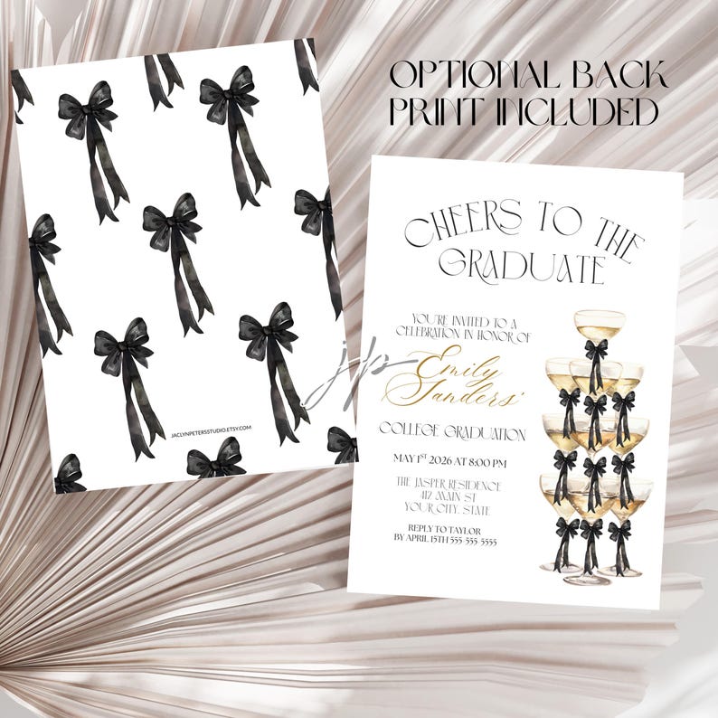 Champagne Graduation Party Invite Template Women's Black Bow College ...