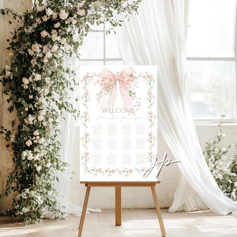 Pink Floral Bow Seating Sign Vintage Roses Baby Shower Guest Table ...
