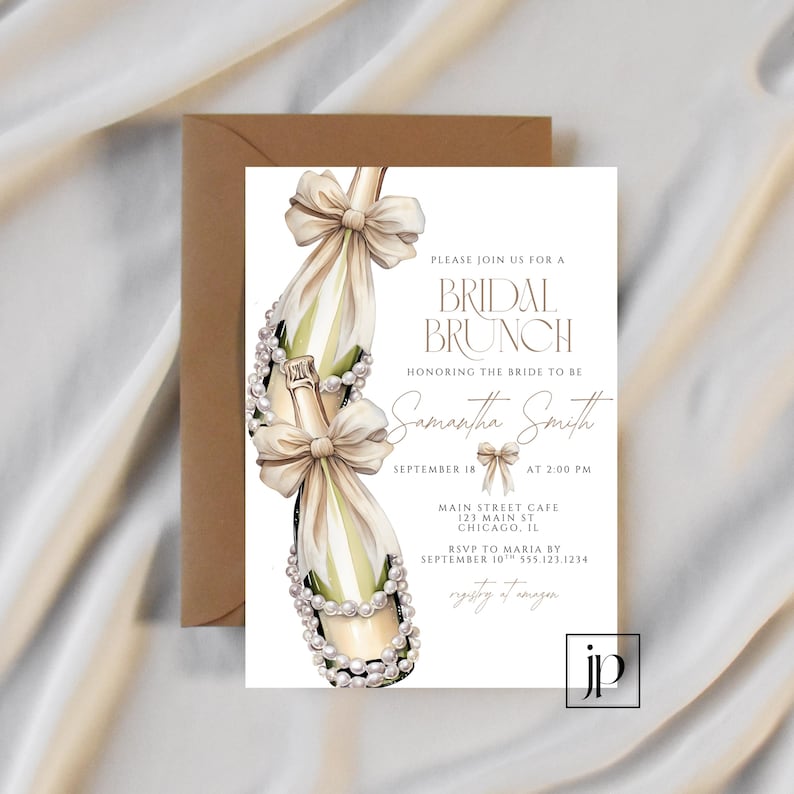 Bows Bridal Brunch Invite Template Cream Champagne Wedding Shower ...