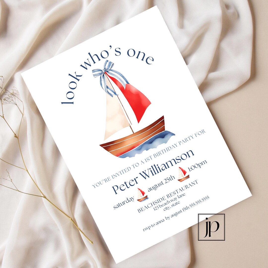 Nautical 1st Birthday Party Invitation Boy Editable Sailboat Invite ...