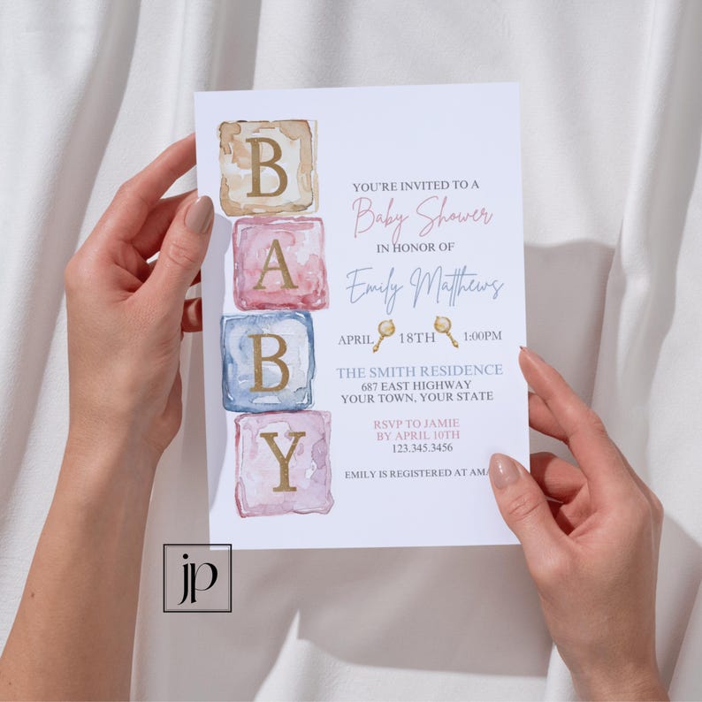 Baby Blocks Shower Invite Watercolor Gender Neutral Baby Brunch ...