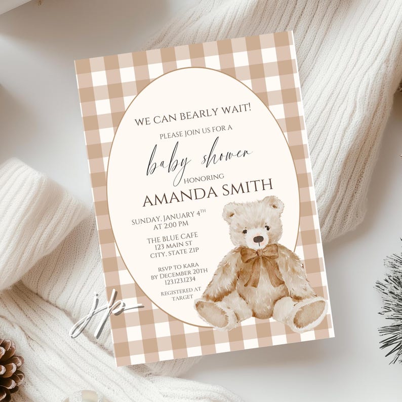 Gingham Teddy Bear Baby Shower Invitation Editable We Can Bearly Wait ...