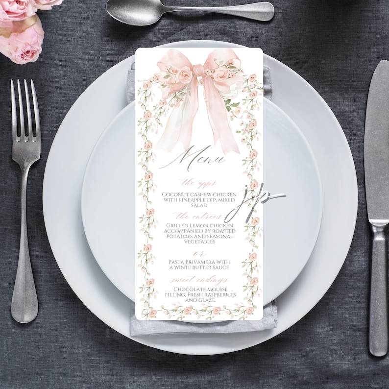 Vintage Floral Baby Shower Menu Editable Girls Pink Bow Baby Brunch ...