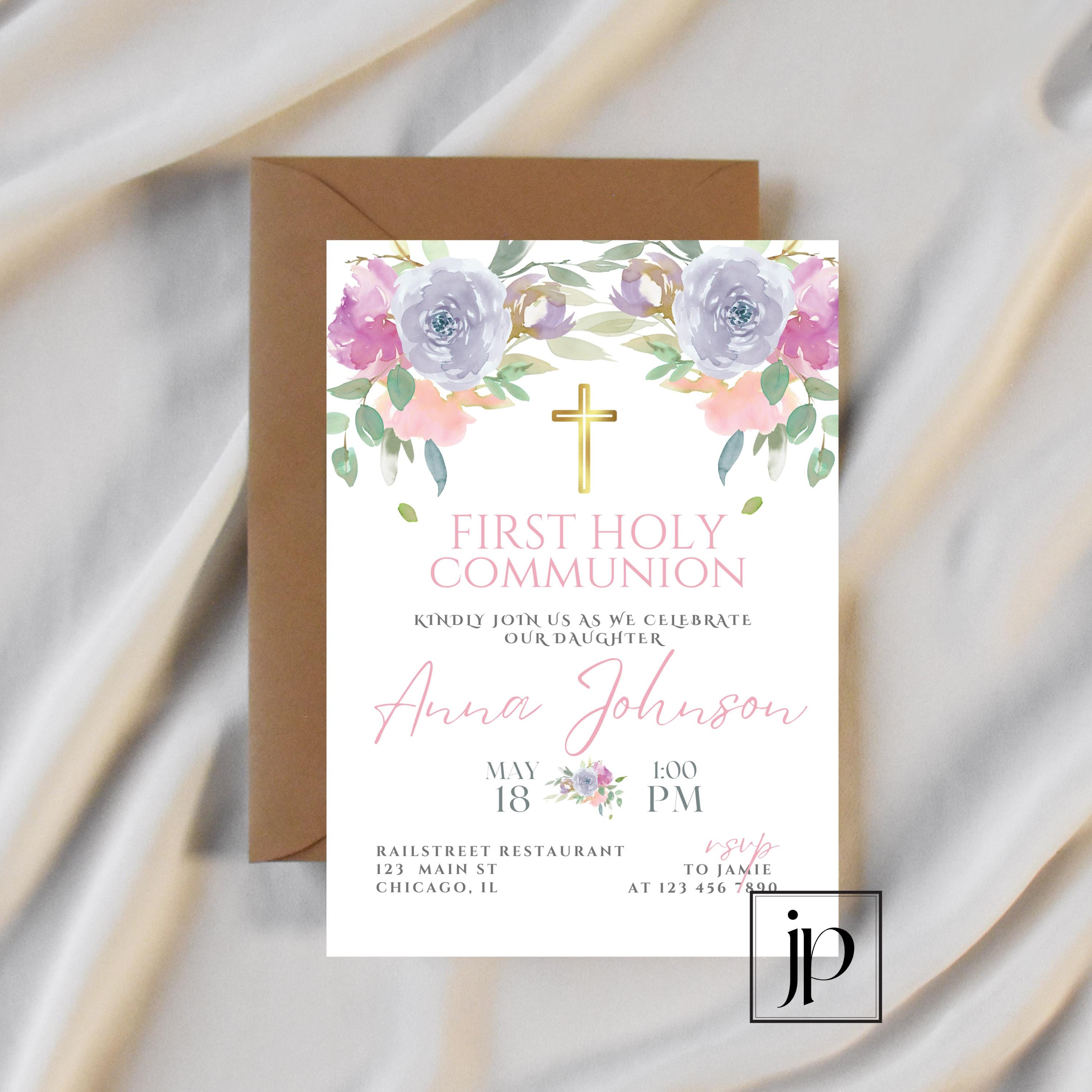 Girls Floral First Communion Invitation Template Pink and Lavender ...