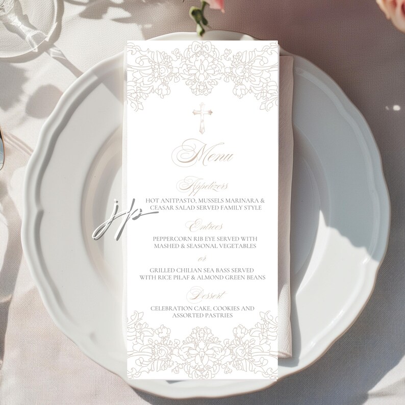 Vintage Chinoiserie Cross Menu Card Editable Beige Floral Baptism ...