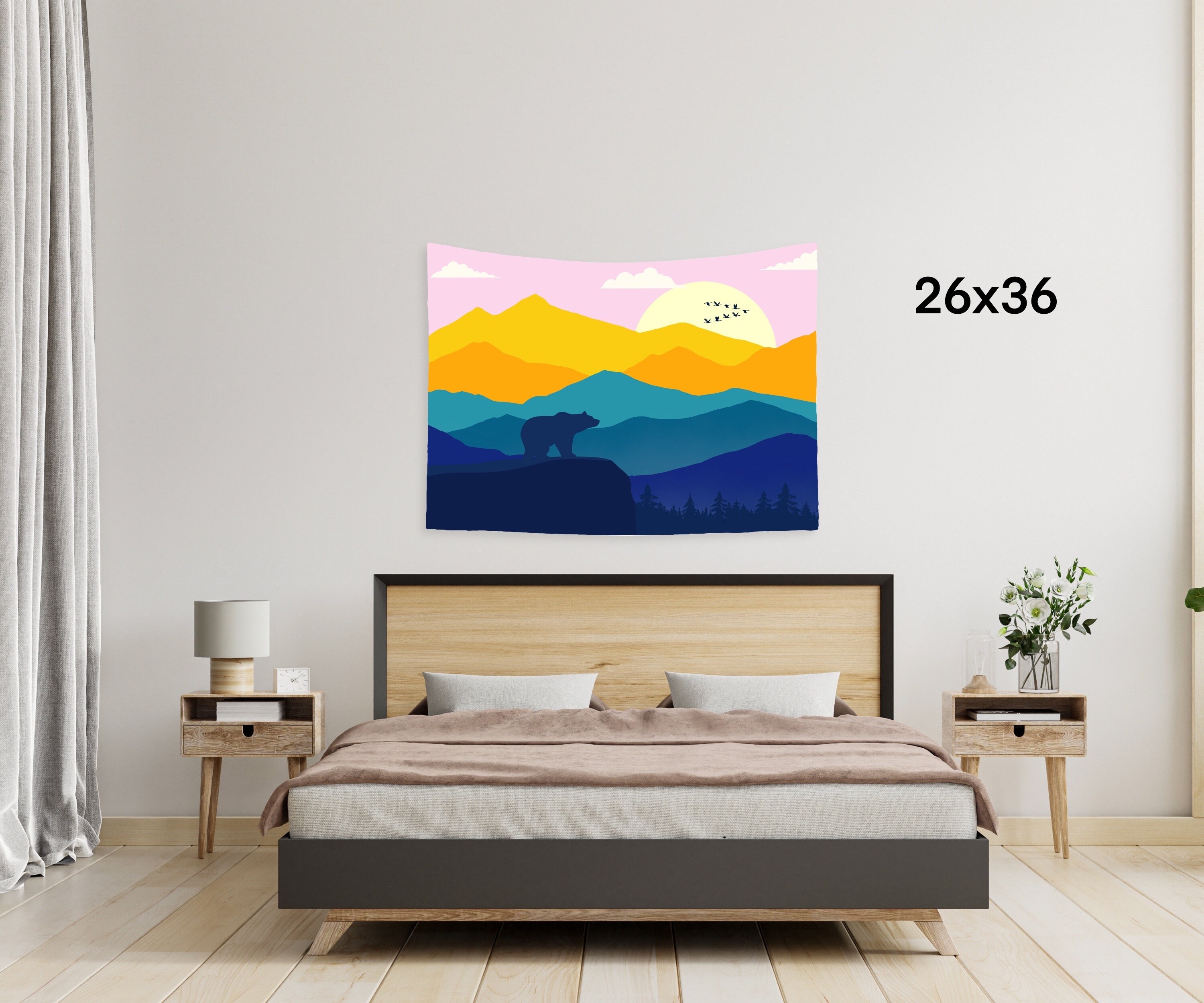 Indoor Wall Bear Forest Mural Tapestry, Mountain Sunrise, Bear ...