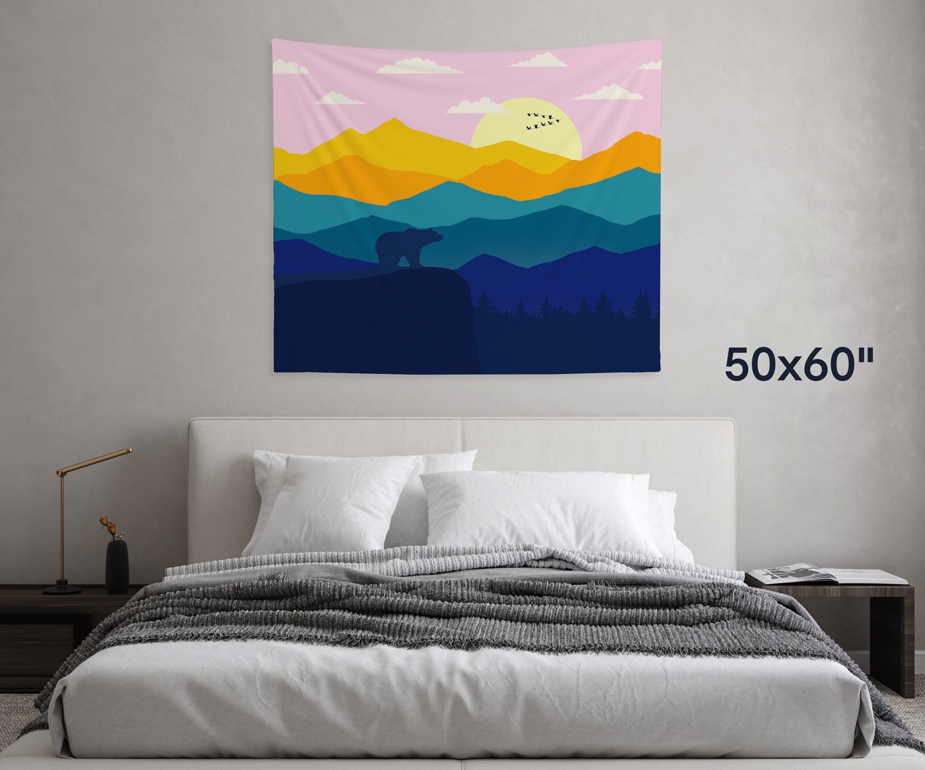 Indoor Wall Bear Forest Mural Tapestry, Mountain Sunrise, Bear ...