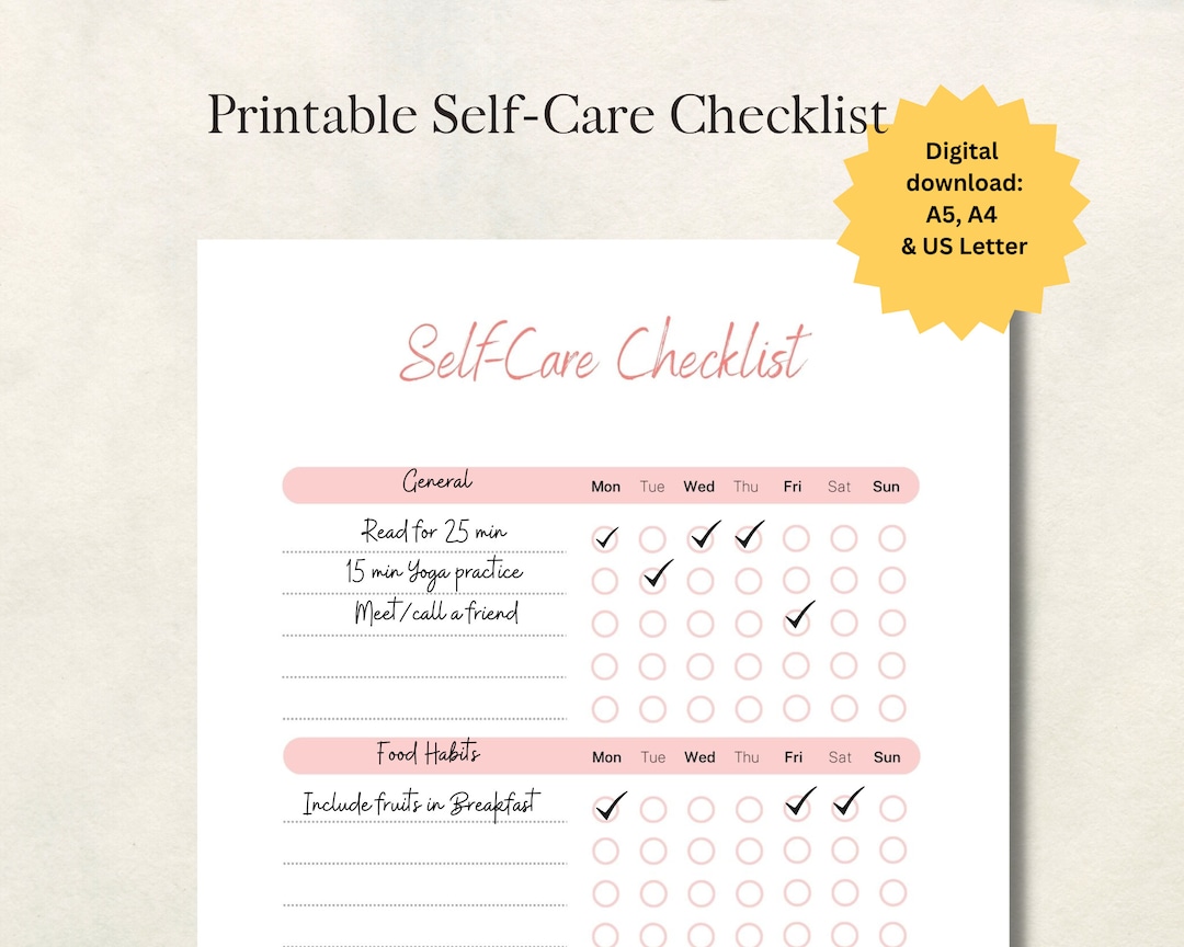Self-care Daily Planner & Checklist, Printable Digital Self-care ...