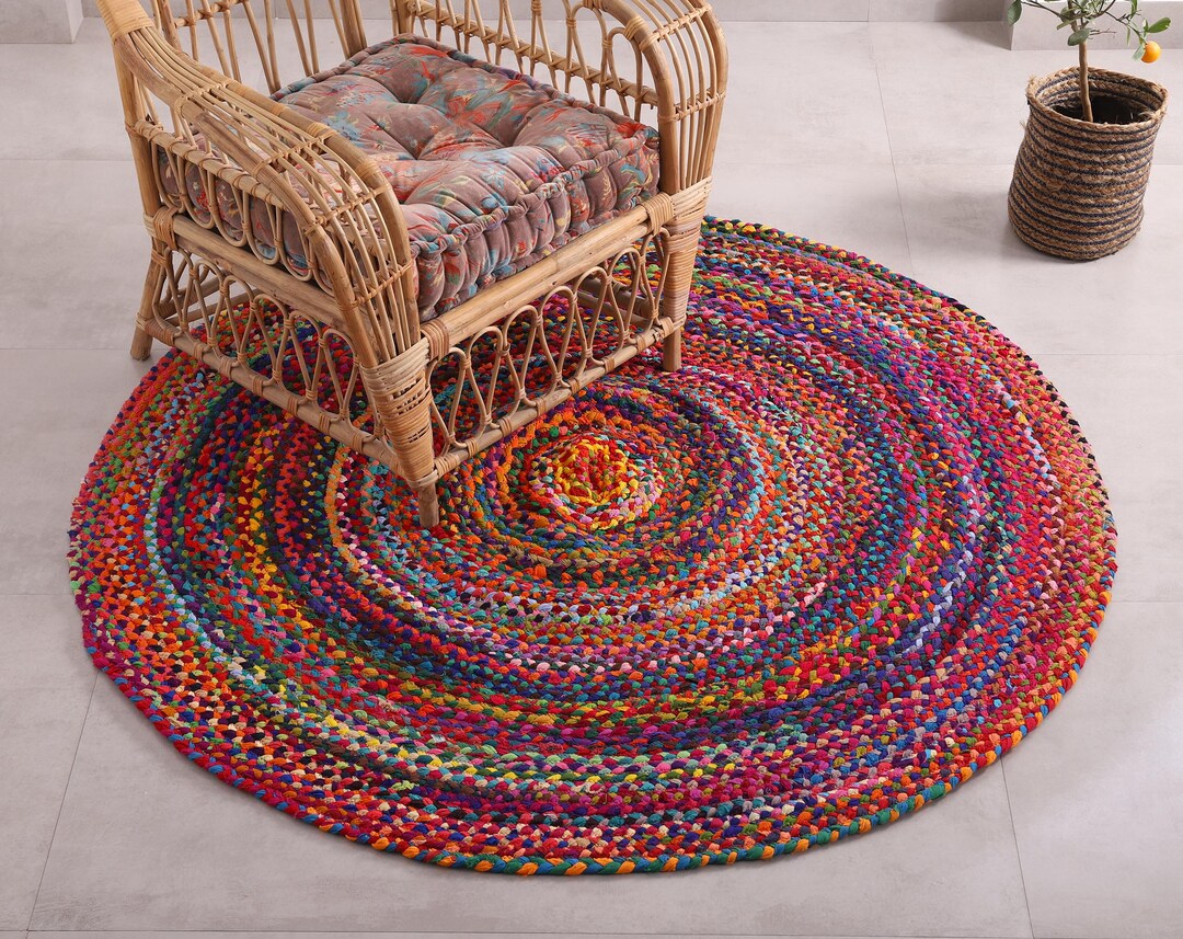 Bohemian Decor Colorful Braided Rug Indian Handmade Braided Cotton ...