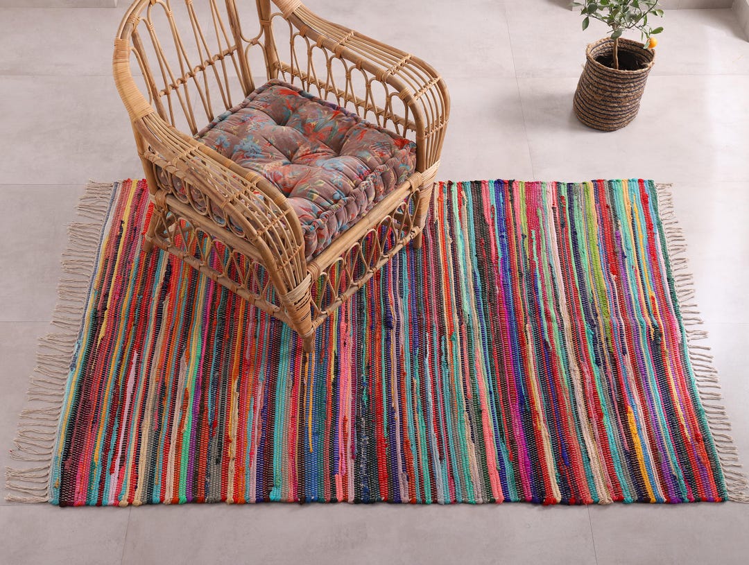 Handwoven Cotton Chindi Area Rug Hand Braided Jute Multicolor Carpet ...